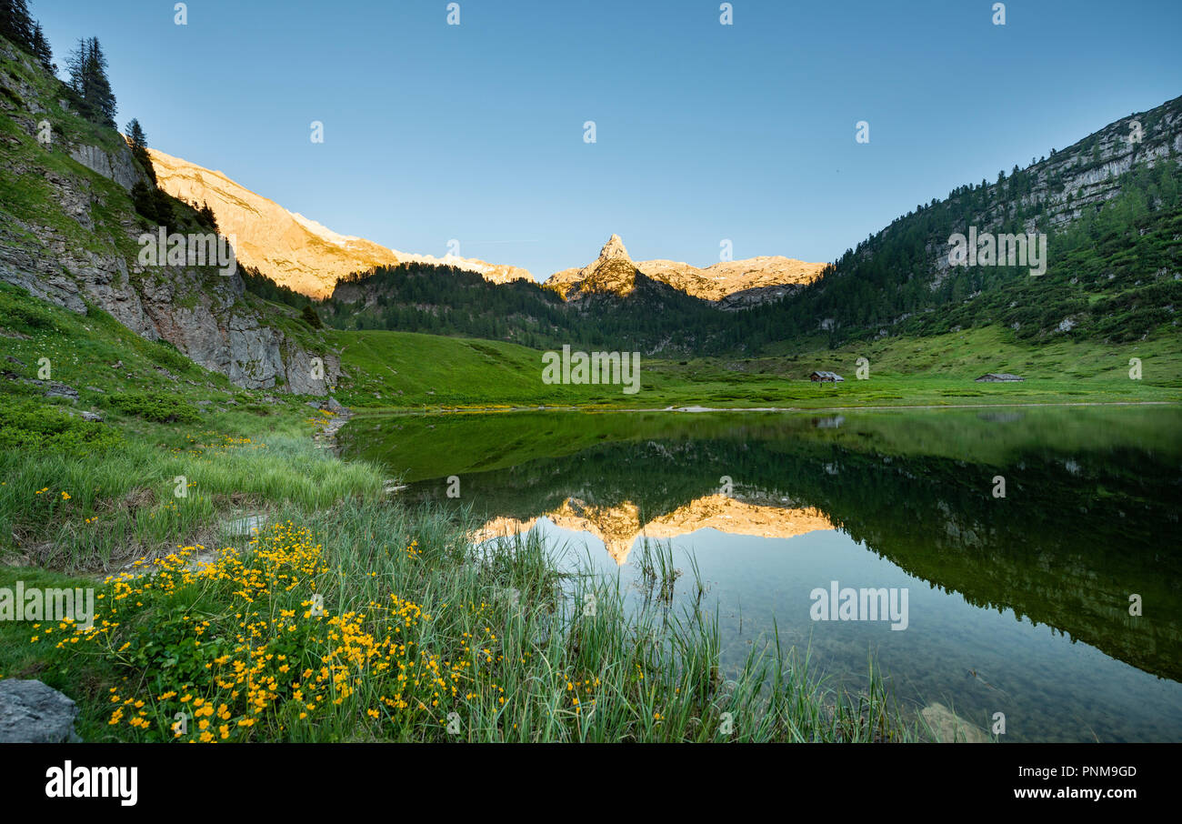 Schottmalhorn reflected in lake Funtensee at sunset, Steinernes Meer ...