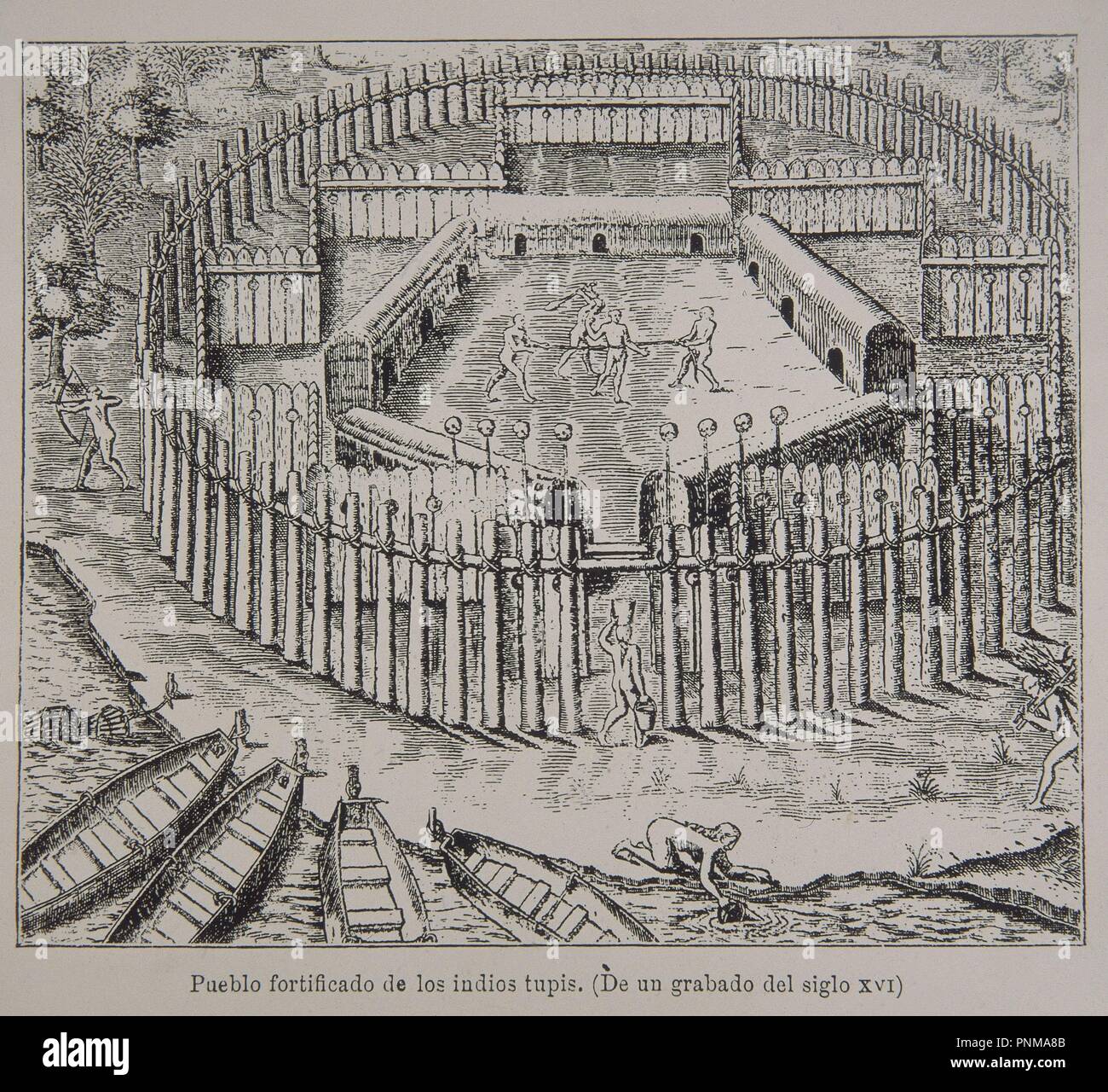 GRABADO DEL S XVI-PUEBLO FORTIFICADO DE LOS INDIOS TUPIS DEL BRASIL ...