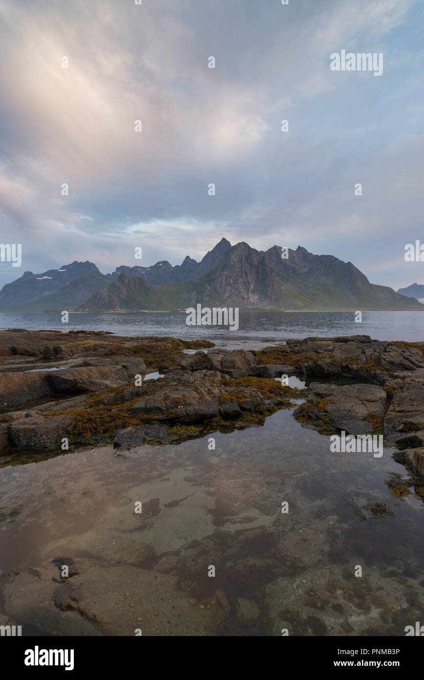 Village of Flakstad seen from across the fjord, Lofoten Islands, Norway ...