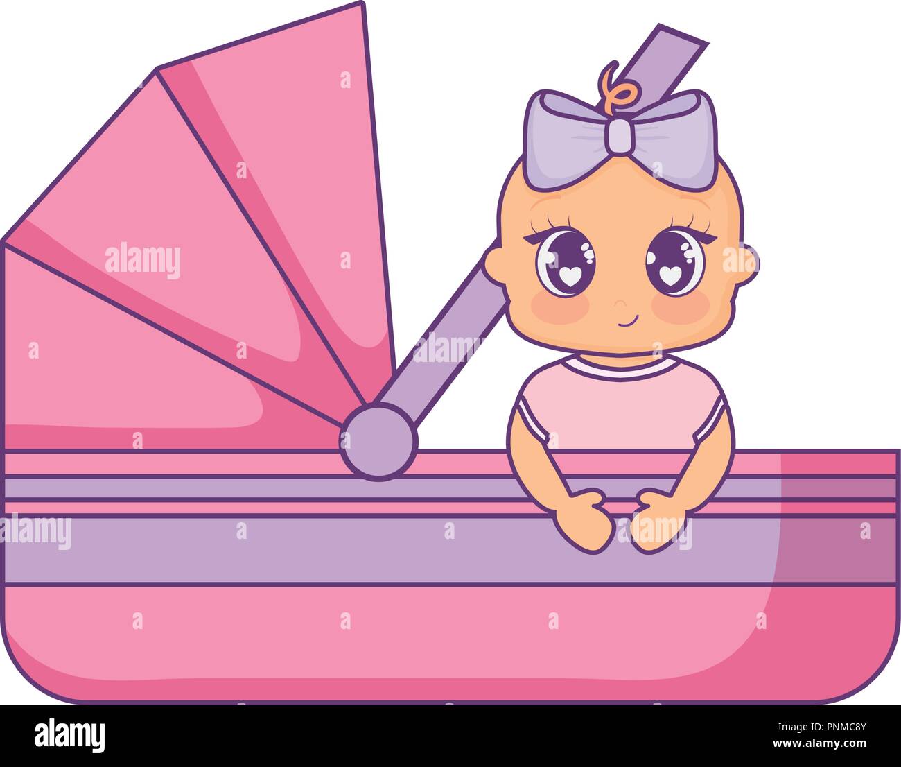 baby carriage and cartoon baby girl over white background, vector ...
