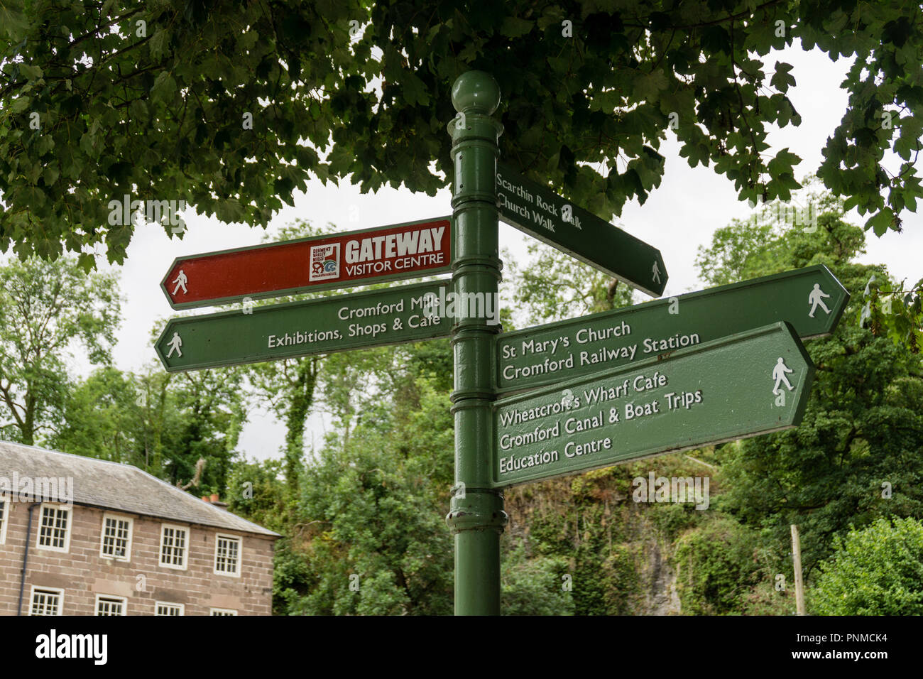 Green cast iron signpost at Cromford Mills, the Arkwright heritage ...