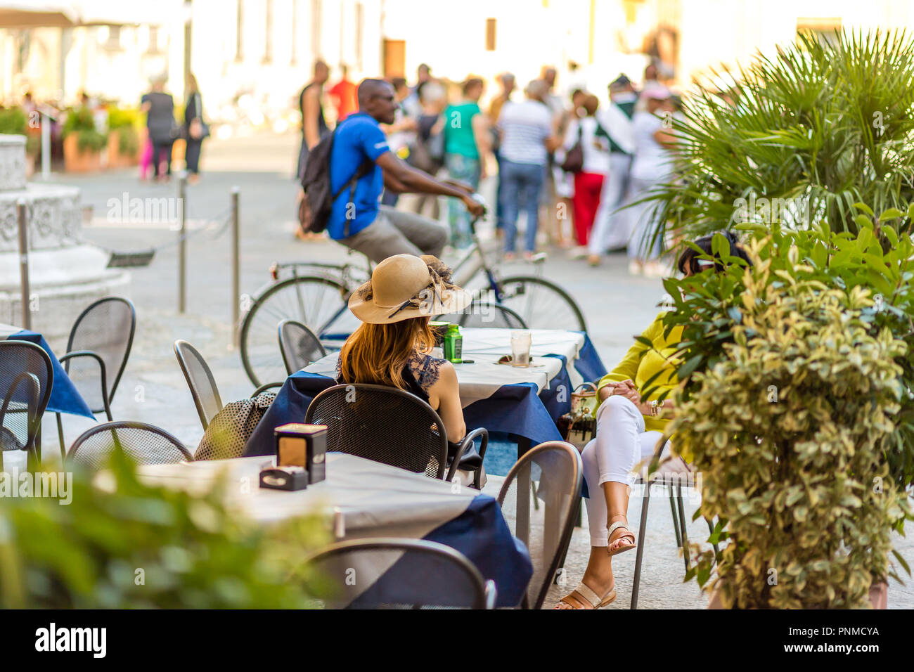 RAVENNA, ITALY - SEPTEMBER 19, 2018: tourists enjoying breakfast in ...