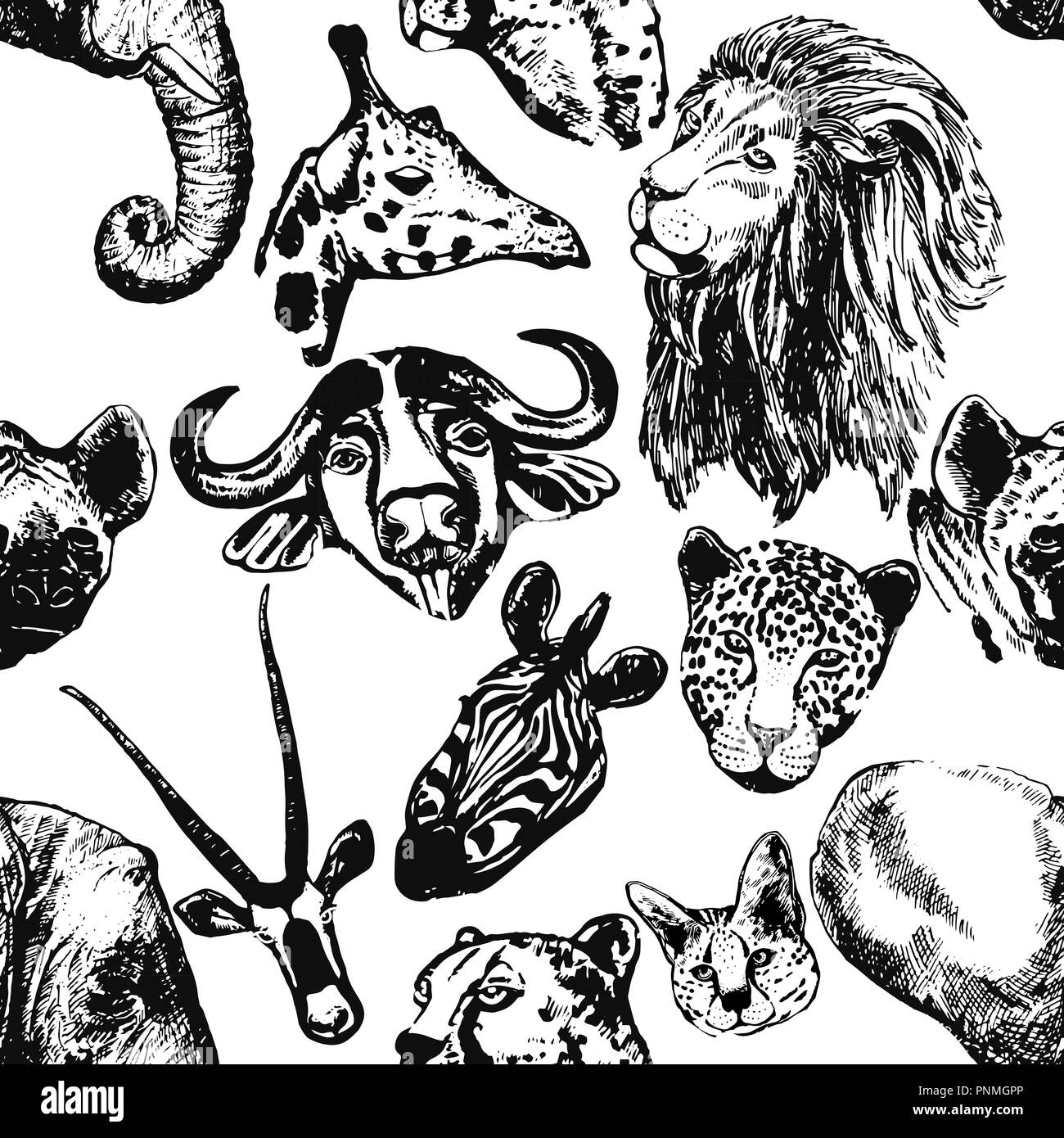 Seamless pattern of hand drawn sketch style African animals isolated on white background. Vector ...