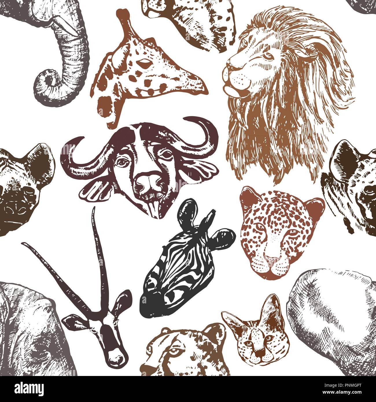 Seamless pattern of colorful hand drawn sketch style African animals ...