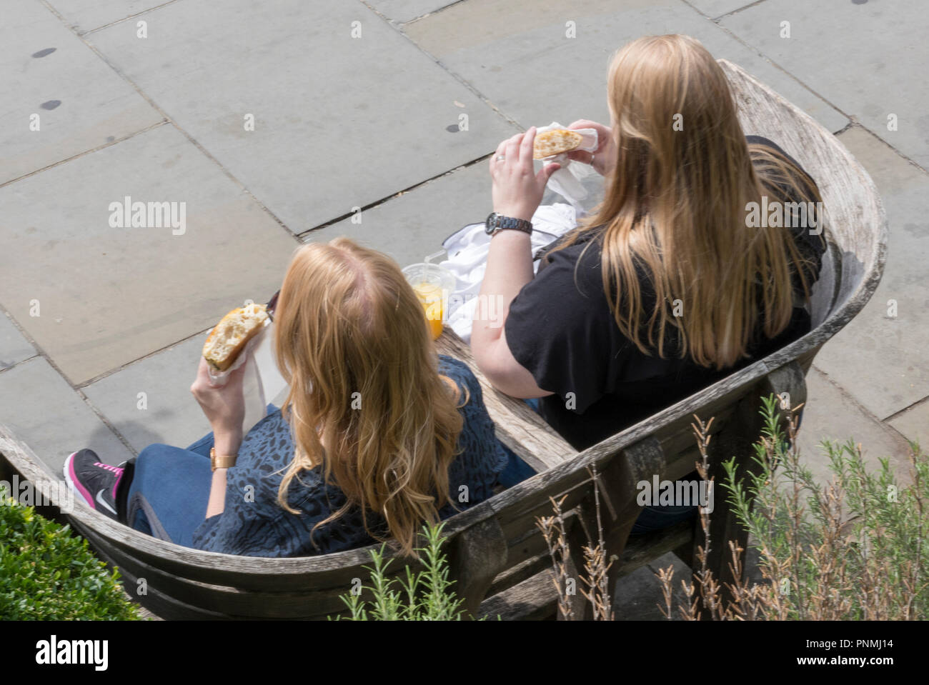 two young women sitting on a bench eating lunch in the summer sunsshine ...