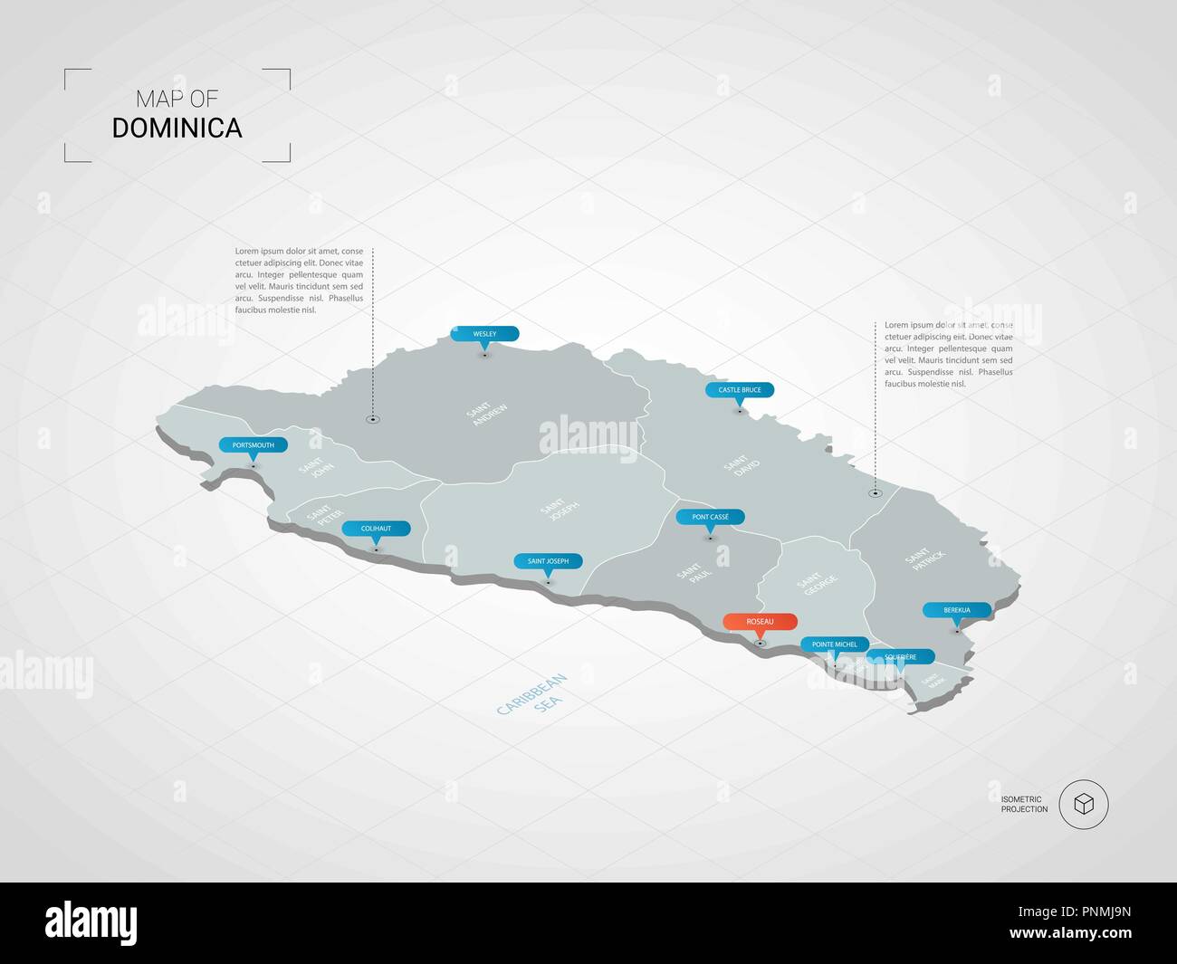 Isometric 3D Dominica map. Stylized vector map illustration with cities ...