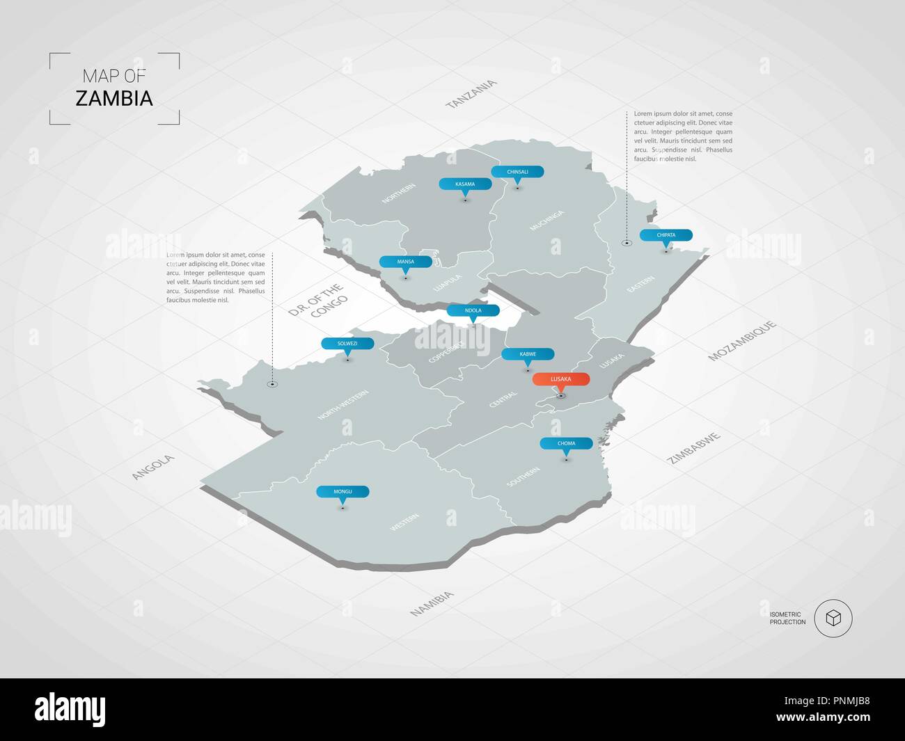 Isometric 3D Zambia map. Stylized vector map illustration with cities ...