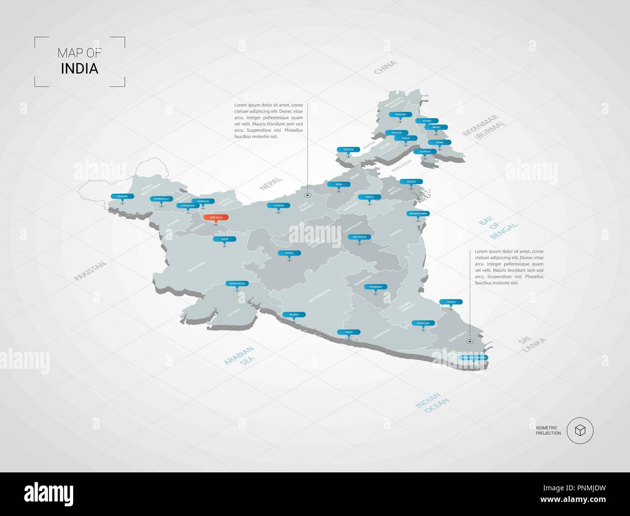 Isometric 3D India map. Stylized vector map illustration with cities ...