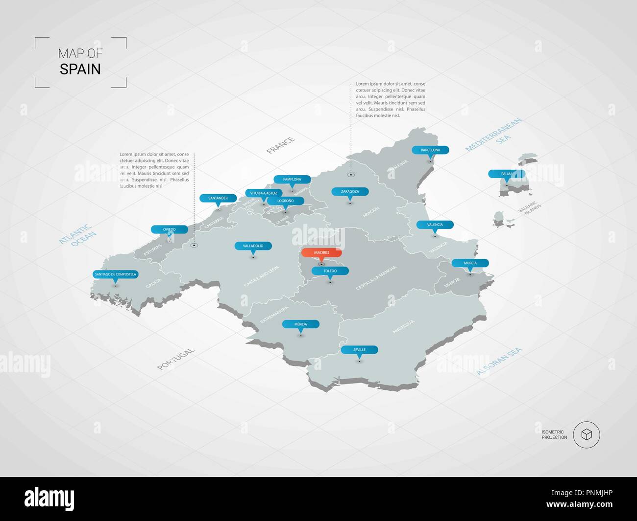 Isometric 3D Spain map. Stylized vector map illustration with cities ...