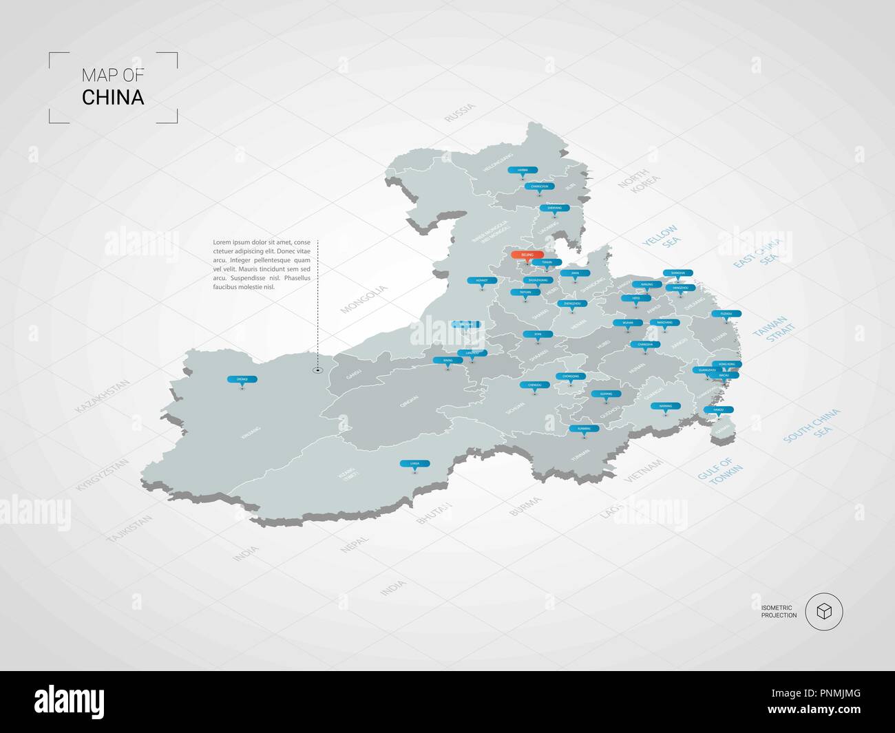 Isometric 3D China map. Stylized vector map illustration with cities ...