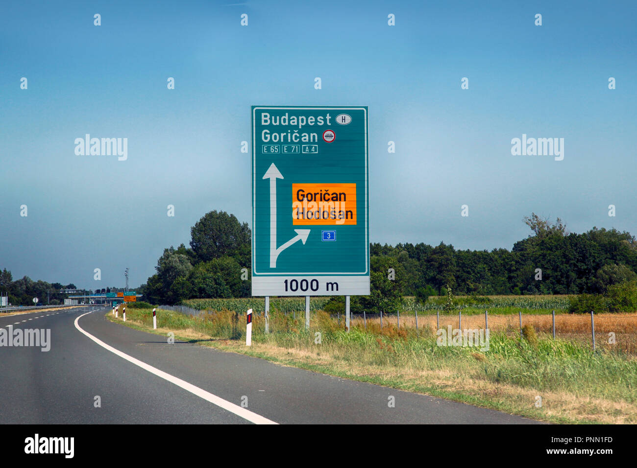1000m exit sign on the E71 M7 freeway to Gorican Hodosan in Hungary ...