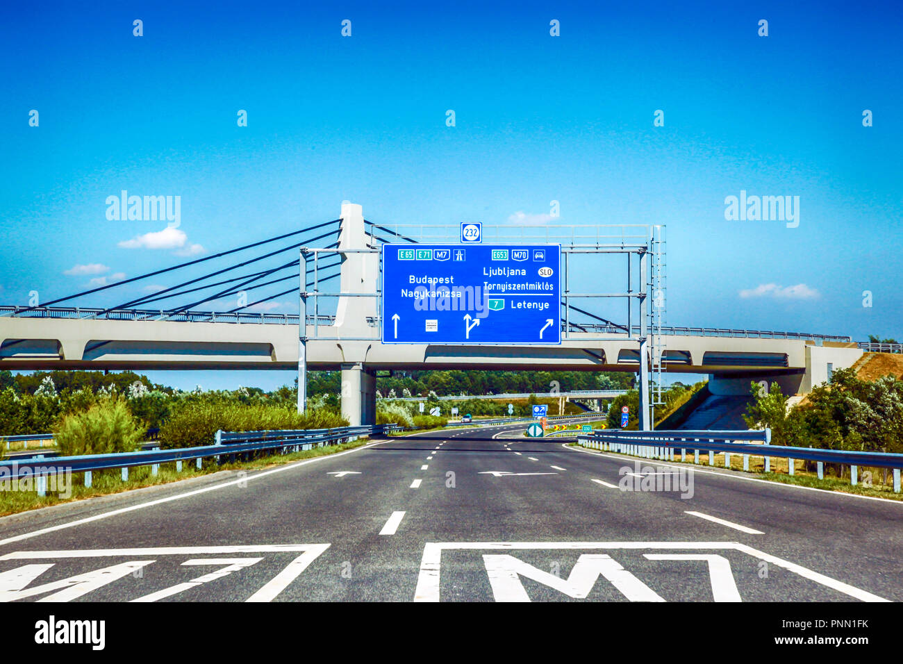 Overhead gantry sign over the M7 Hungarian Freeway heading to Budapest ...