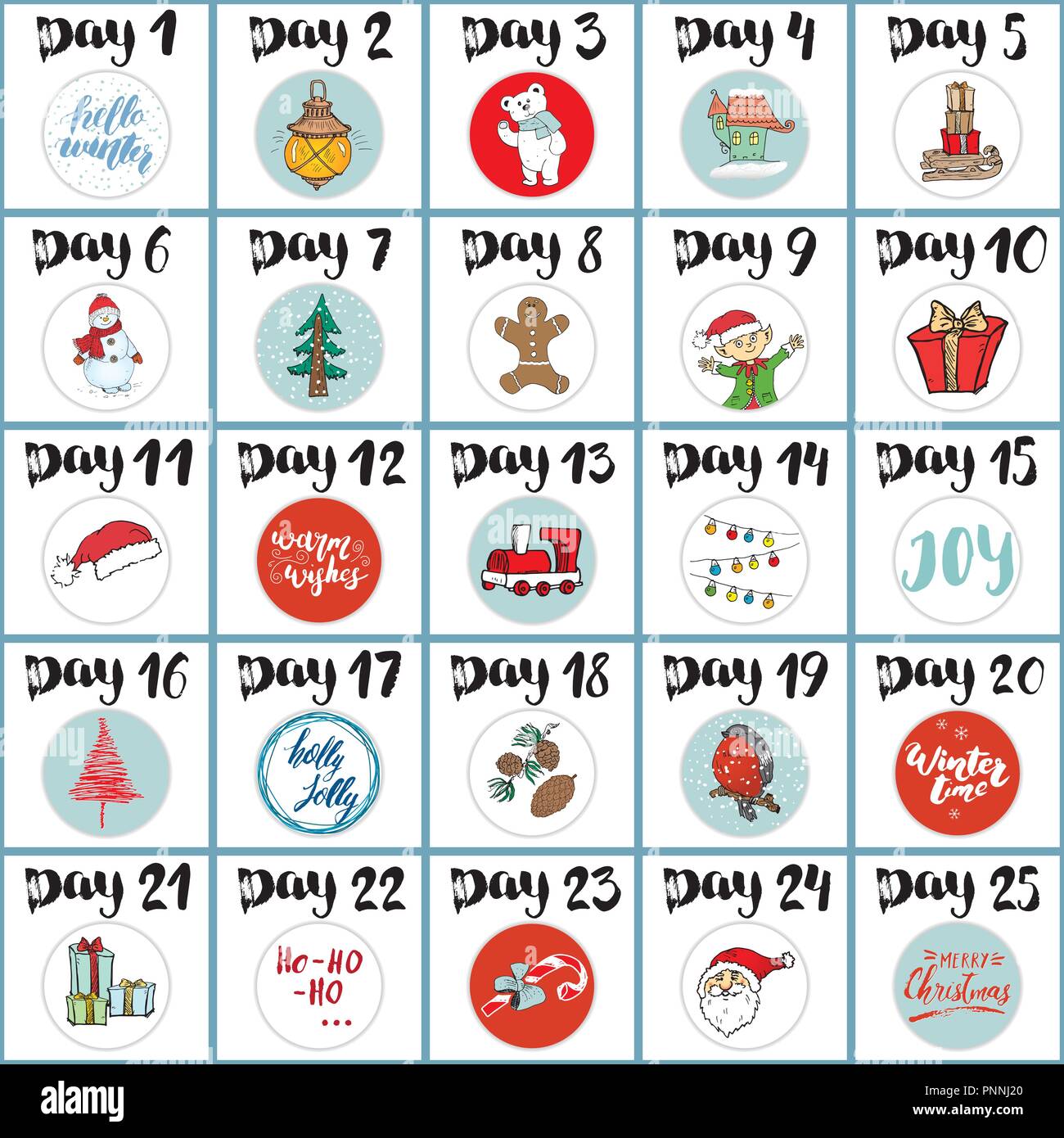 Christmas advent calendar. Hand drawn elements and numbers. Winter ...