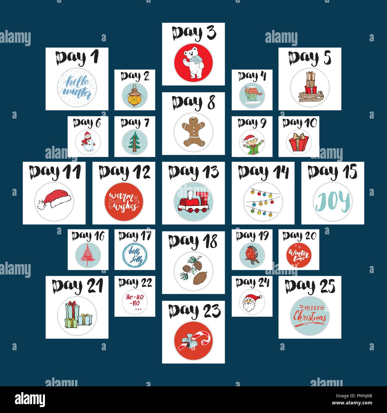 Christmas advent calendar. Hand drawn elements and numbers. Winter ...