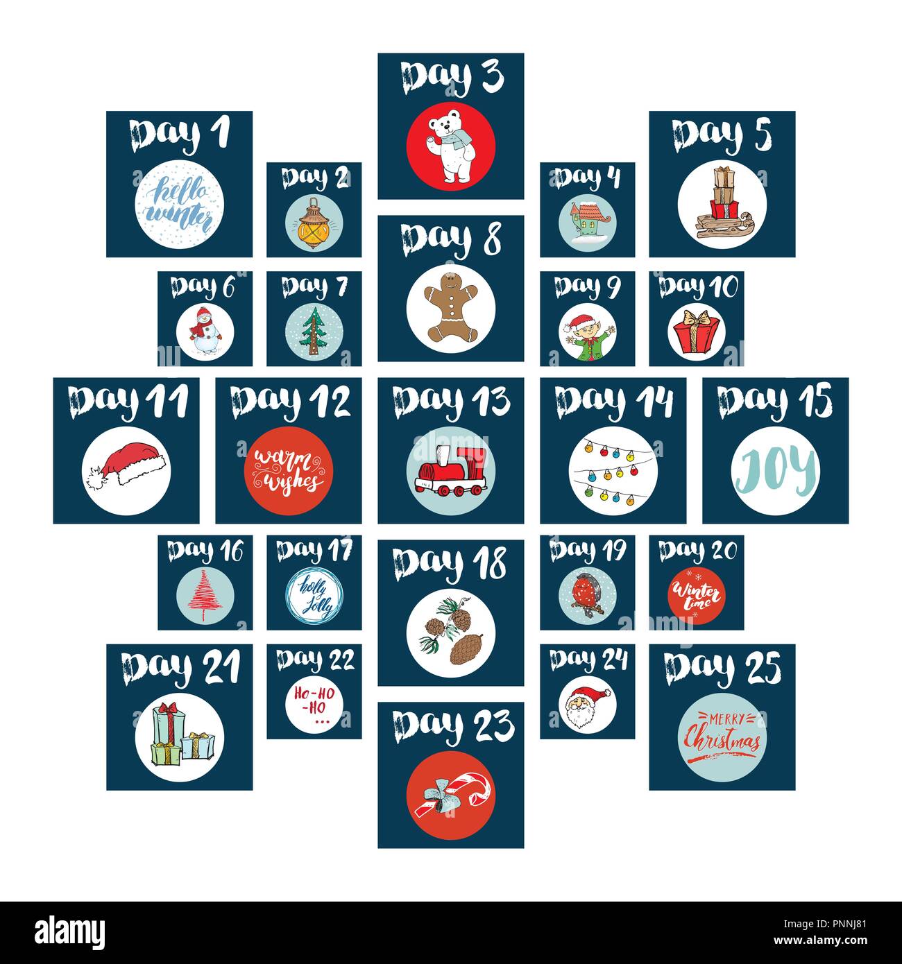 Christmas advent calendar. Hand drawn elements and numbers. Winter ...