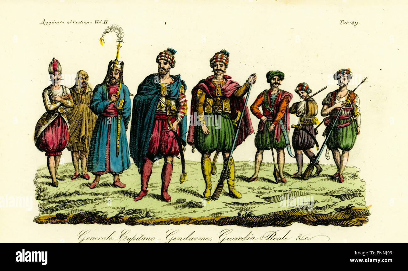Costumes of Berber soldiers, Tunis, 1828. Captain or Basoda 1, Mamluk ...