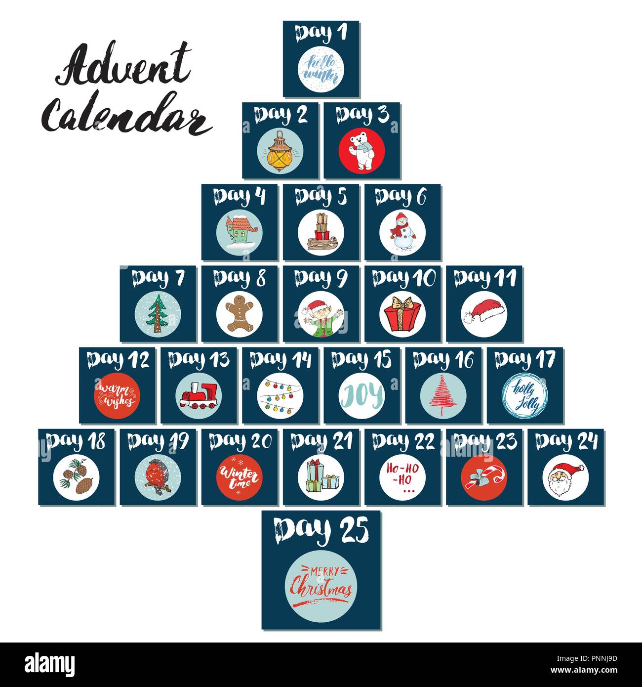 Christmas advent calendar. Hand drawn elements and numbers. Winter ...