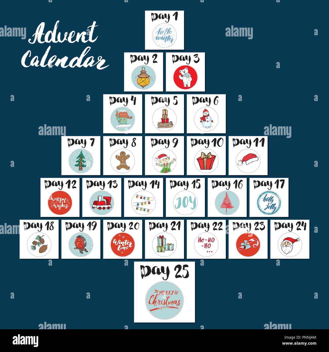 Christmas advent calendar. Hand drawn elements and numbers. Winter ...