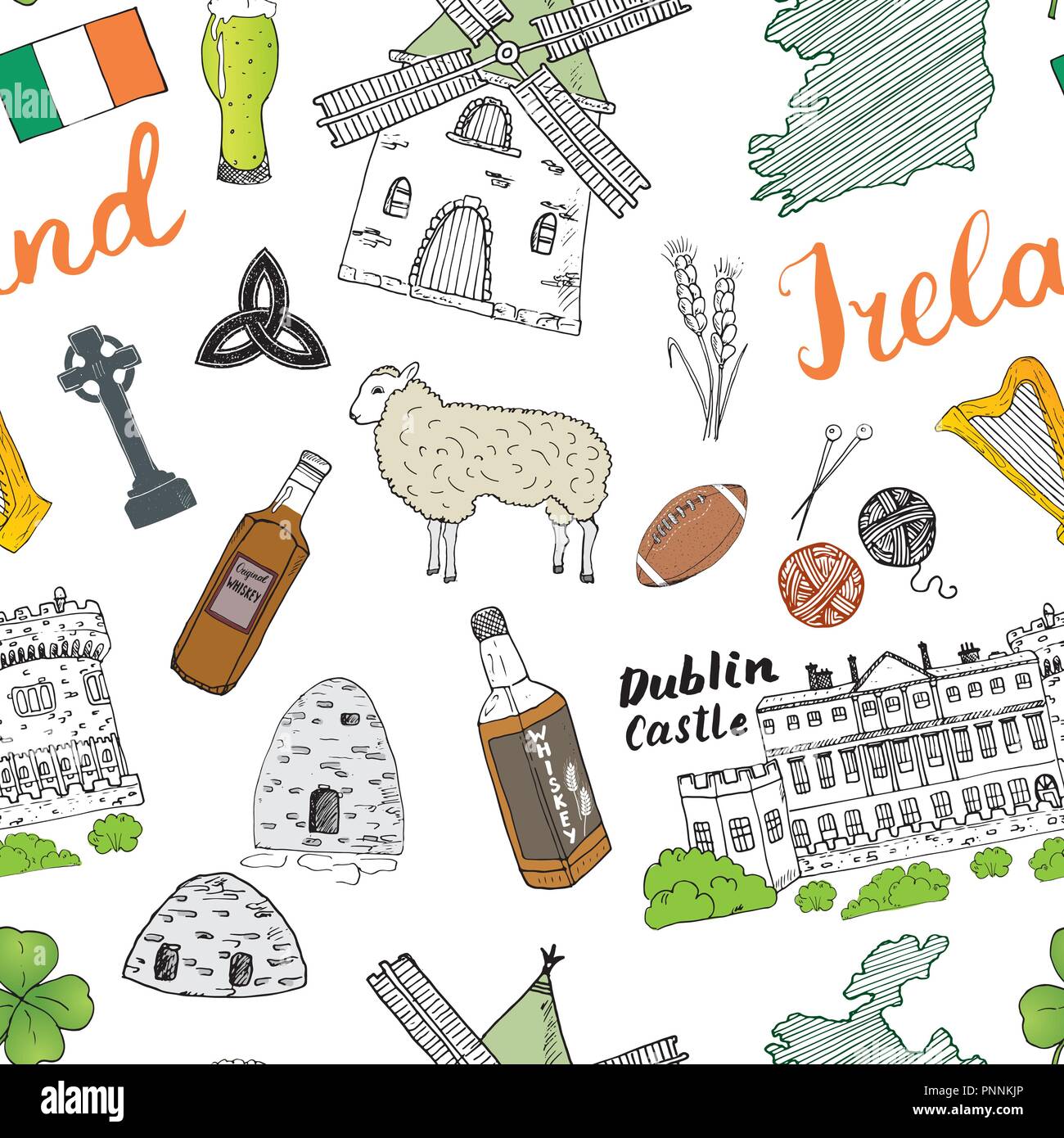 Ireland Sketch Doodles Seamless Pattern. Irish Elements with flag and ...