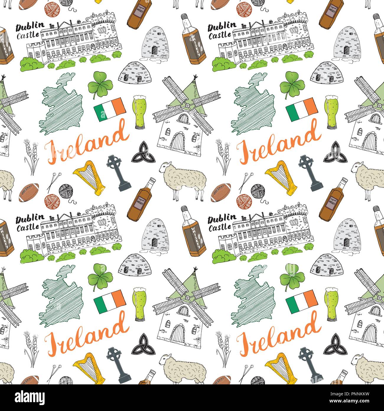 Ireland Sketch Doodles Seamless Pattern. Irish Elements with flag and ...