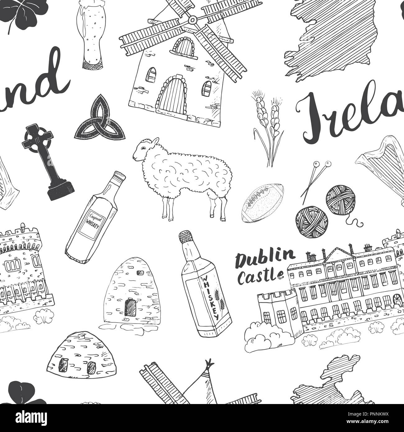 Ireland Sketch Doodles Seamless Pattern. Irish Elements with flag and ...