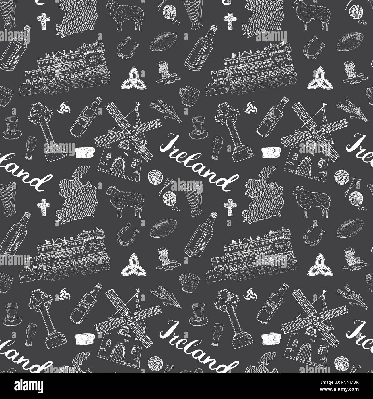Ireland Sketch Doodles Seamless Pattern. Irish Elements with flag and ...