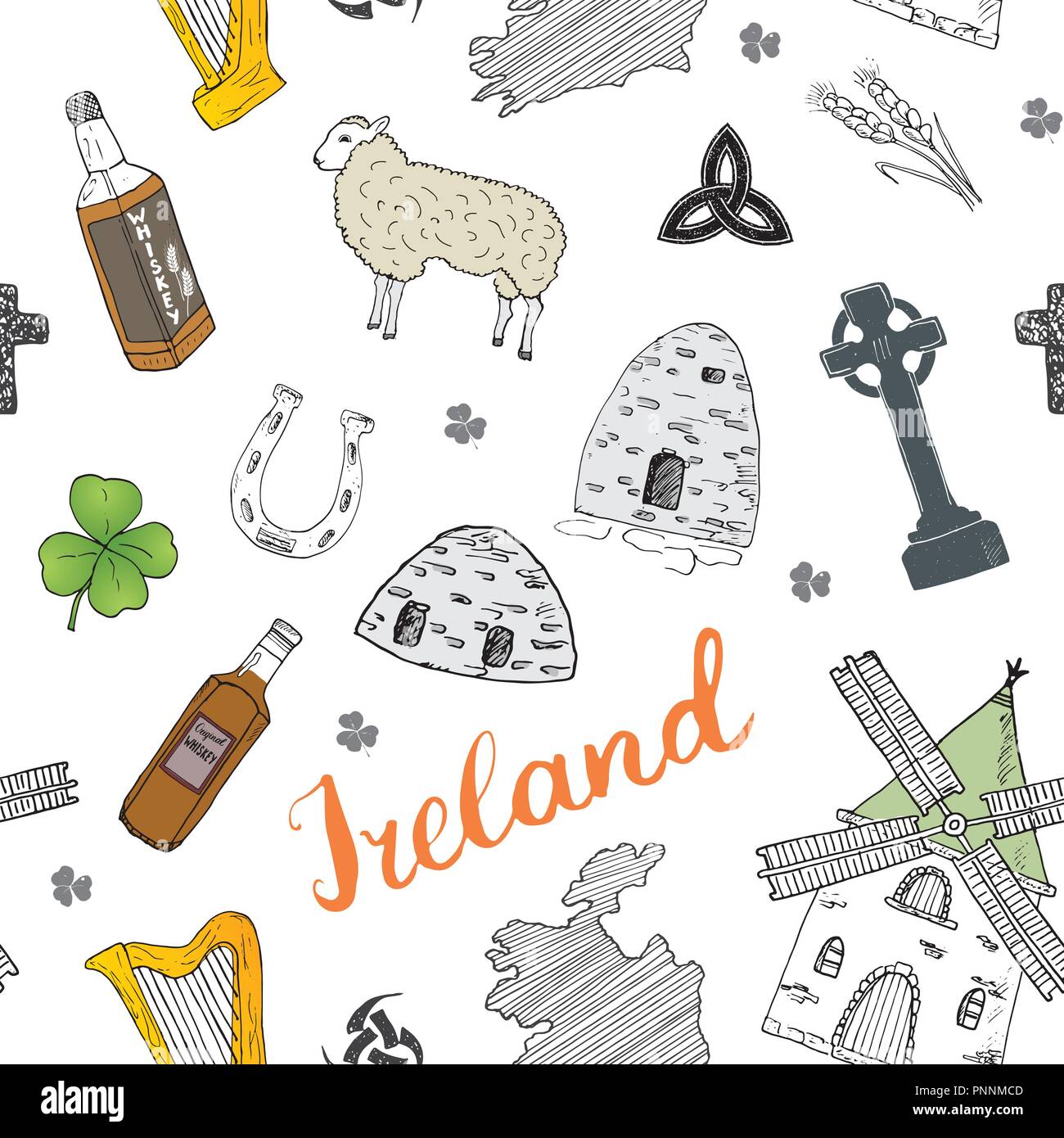 Ireland Sketch Doodles Seamless Pattern. Irish Elements with flag and ...