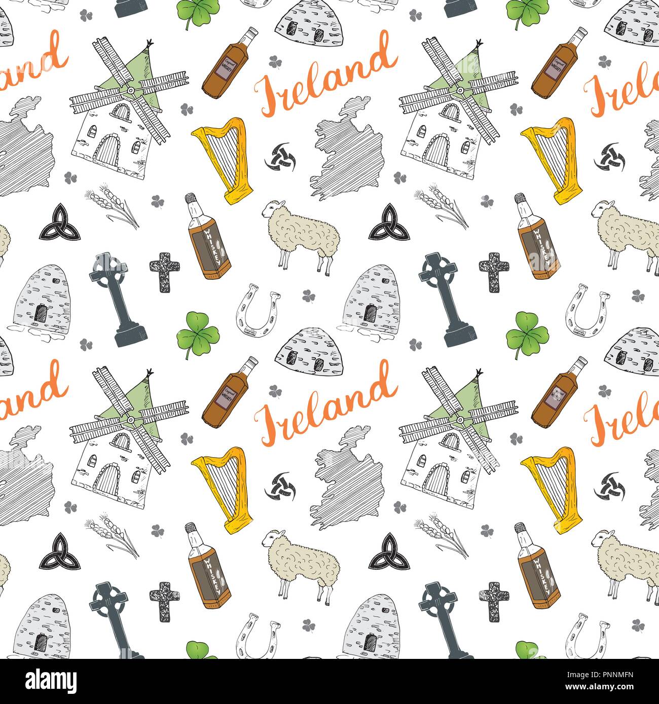 Ireland Sketch Doodles Seamless Pattern. Irish Elements with flag and ...