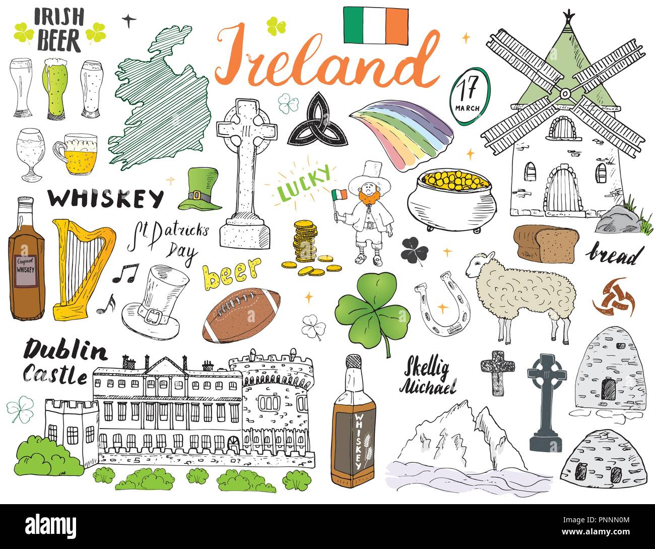 Ireland Sketch Doodles. Hand Drawn Irish Elements Set with flag and map ...