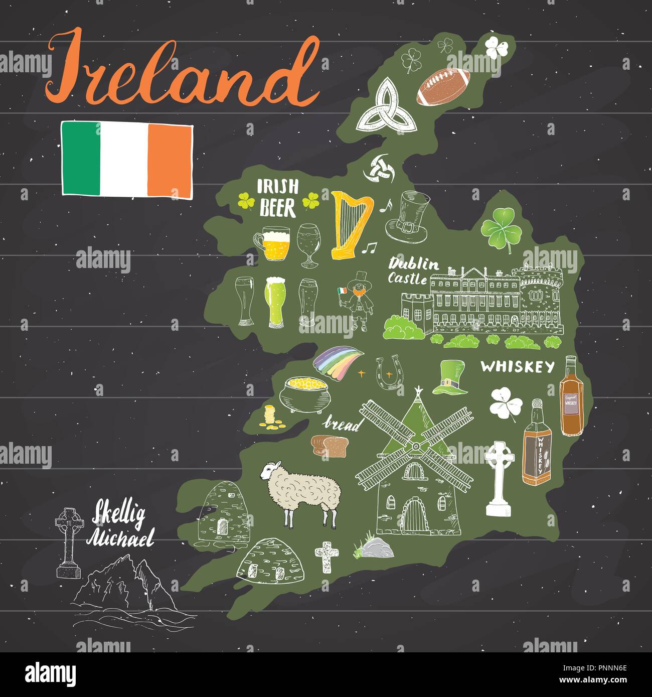 Ireland Sketch Doodles. Hand Drawn Irish Elements Set with flag and map ...