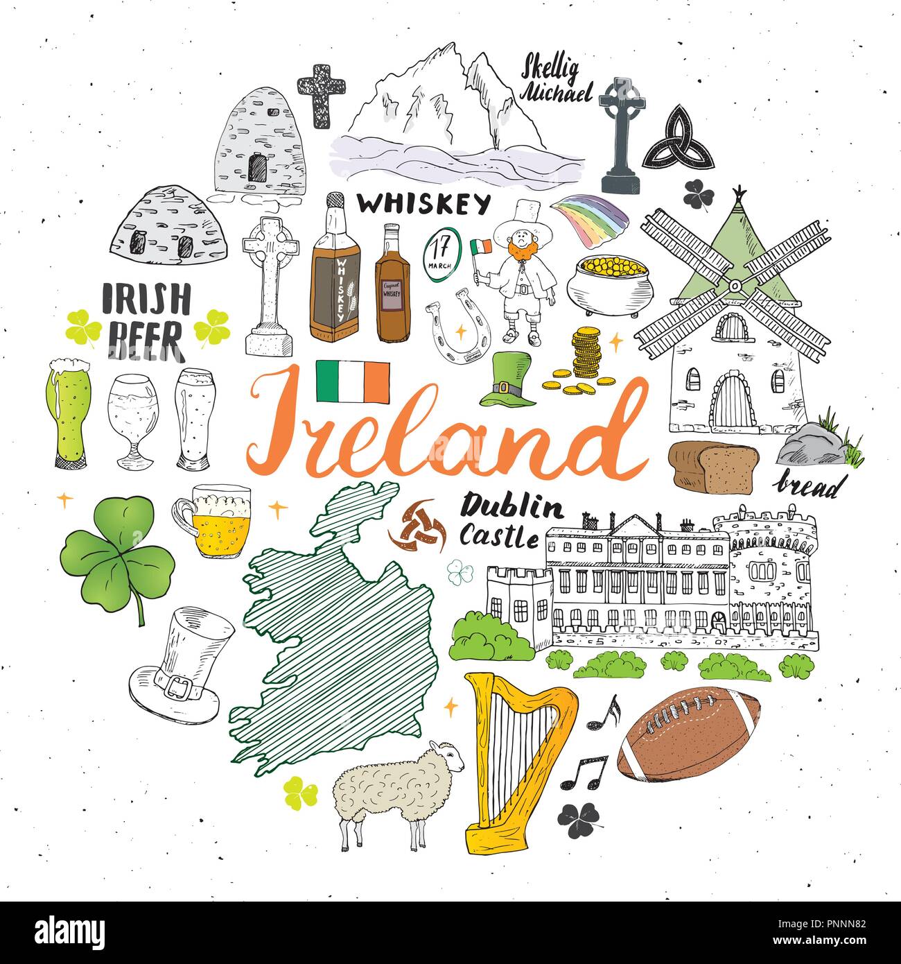 Ireland Sketch Doodles. Hand Drawn Irish Elements Set with flag and map ...