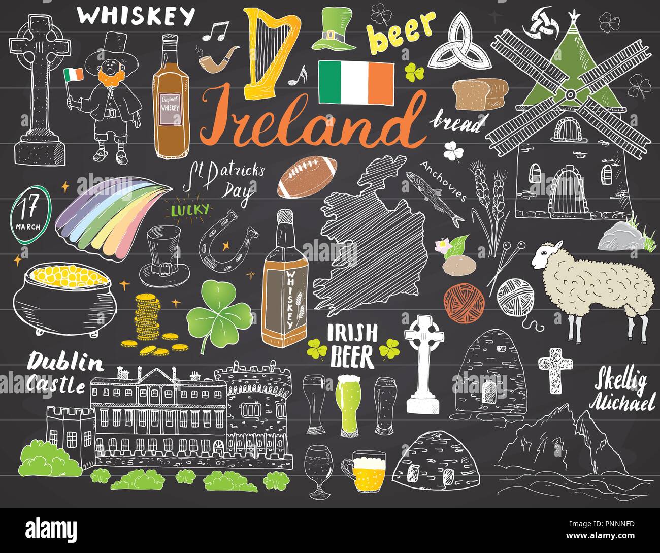Ireland Sketch Doodles. Hand Drawn Irish Elements Set with flag and map ...