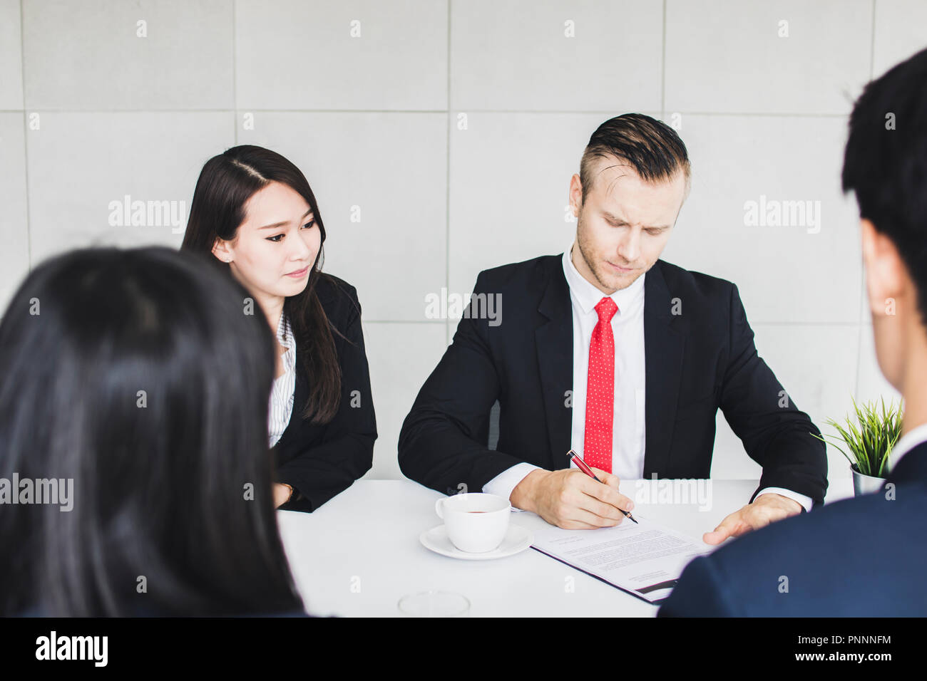 Manager, businessman or boss signing on investment contract for ...