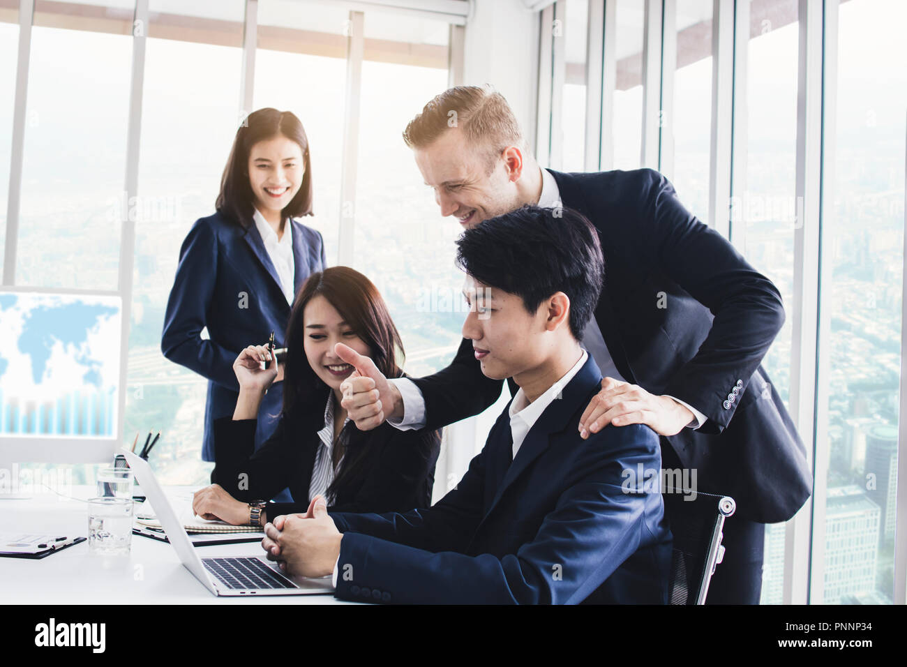 Manager or boss looking at work and admire by showing thumb for good ...