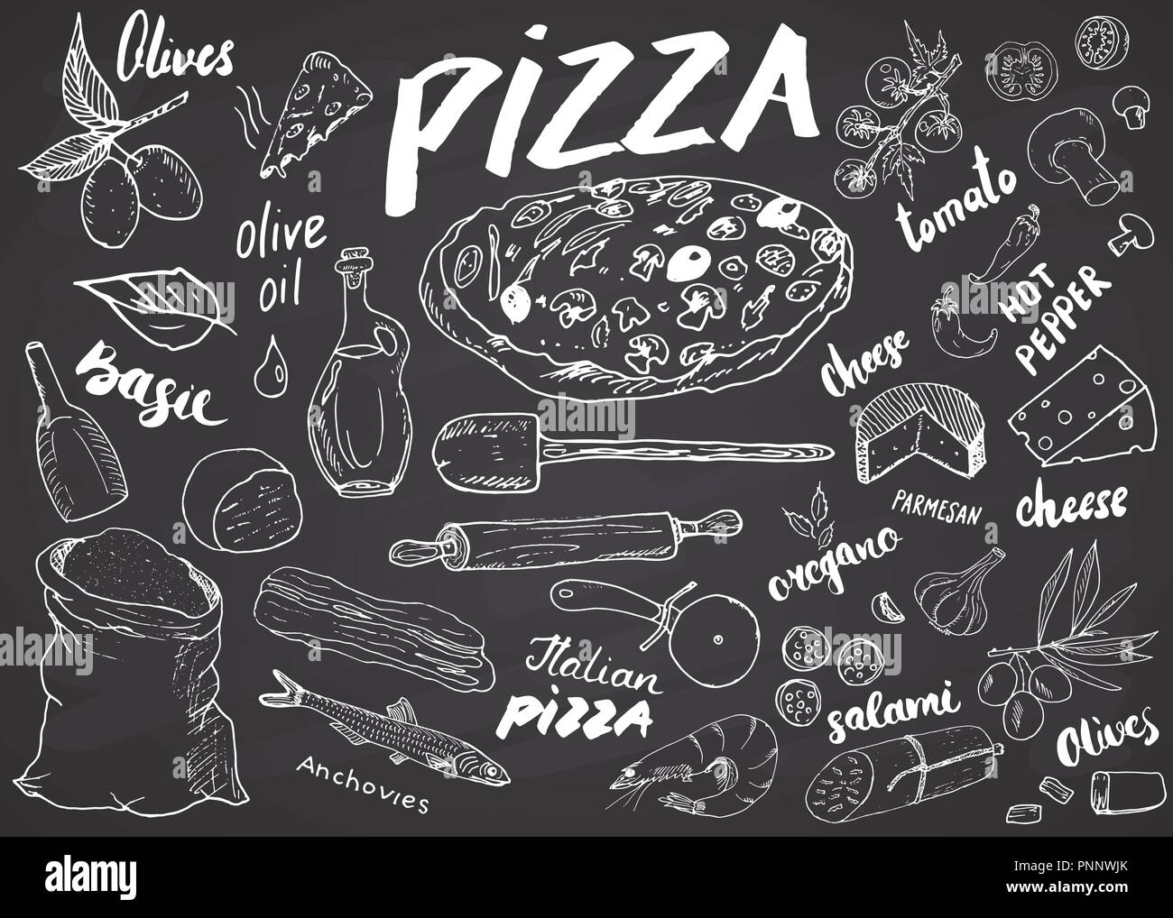 Pizza menu hand drawn sketch set. Pizza preparation design template ...