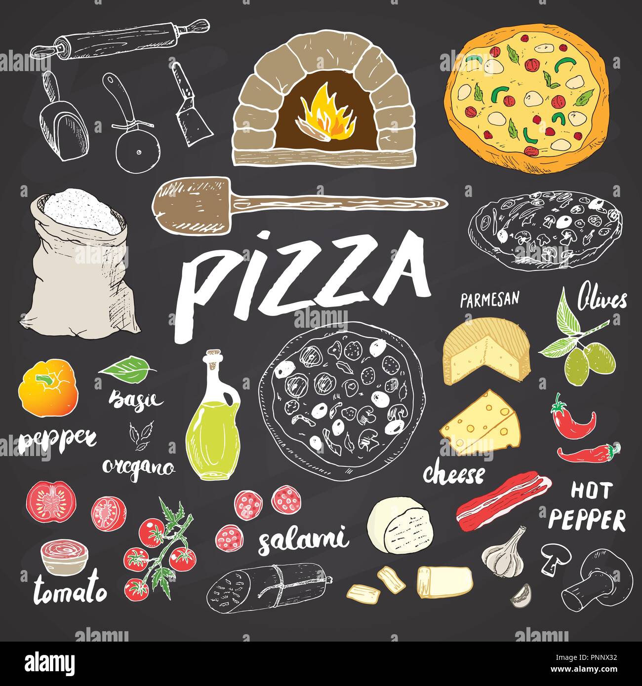 Pizza menu hand drawn sketch set. Pizza preparation design template ...