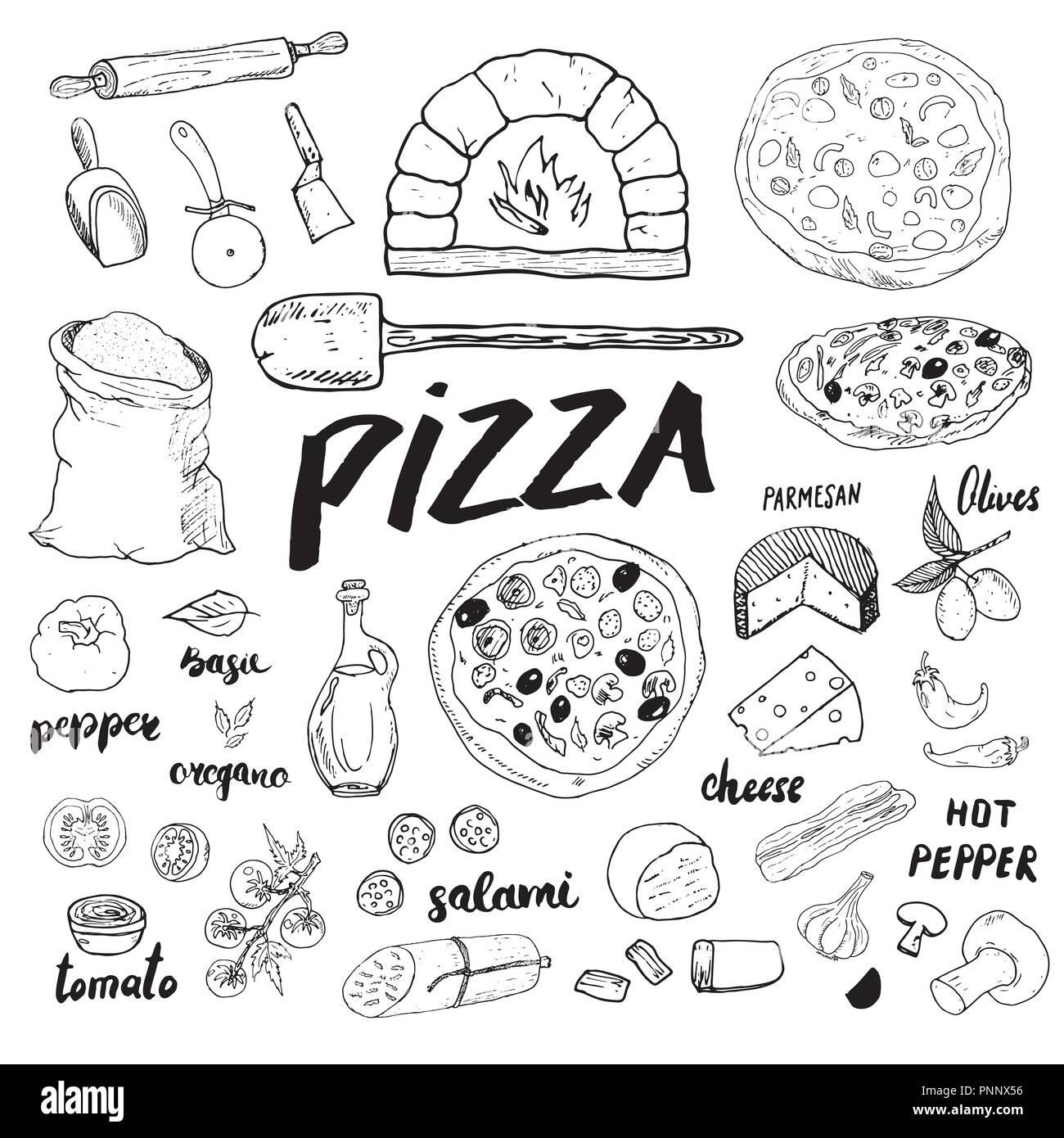 Pizza menu hand drawn sketch set. Pizza preparation design template ...