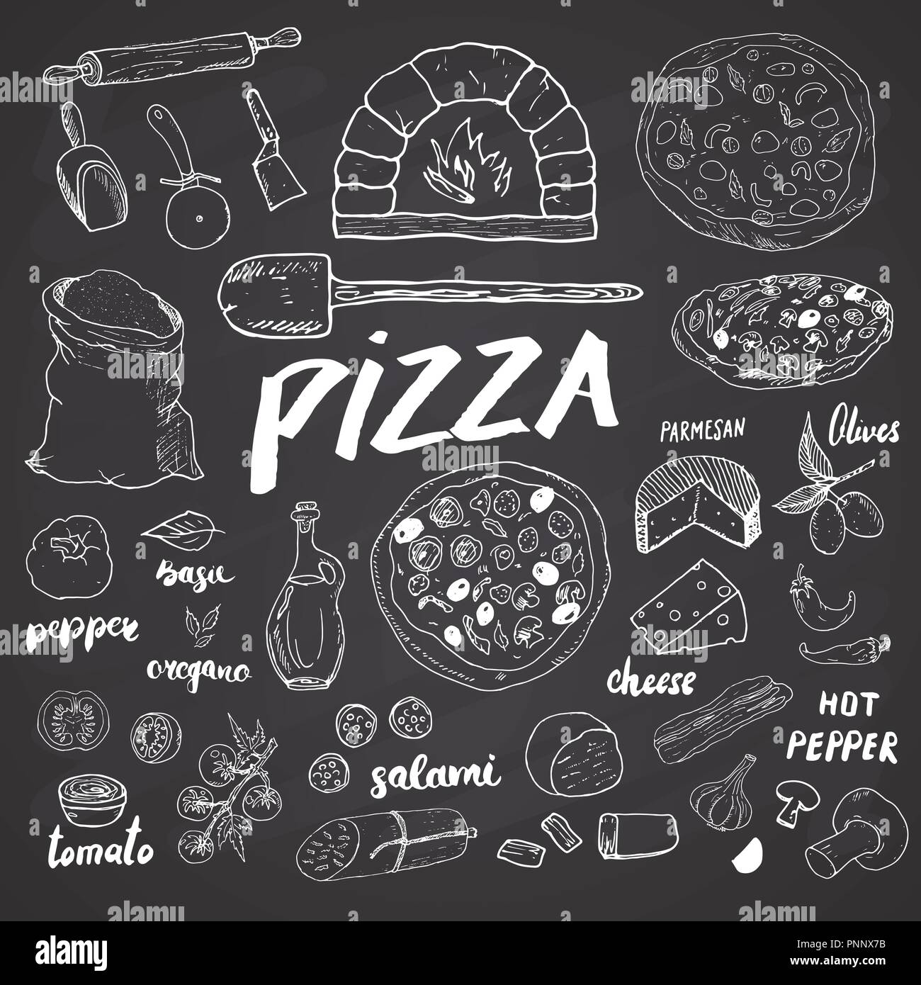 Pizza menu hand drawn sketch set. Pizza preparation design template ...