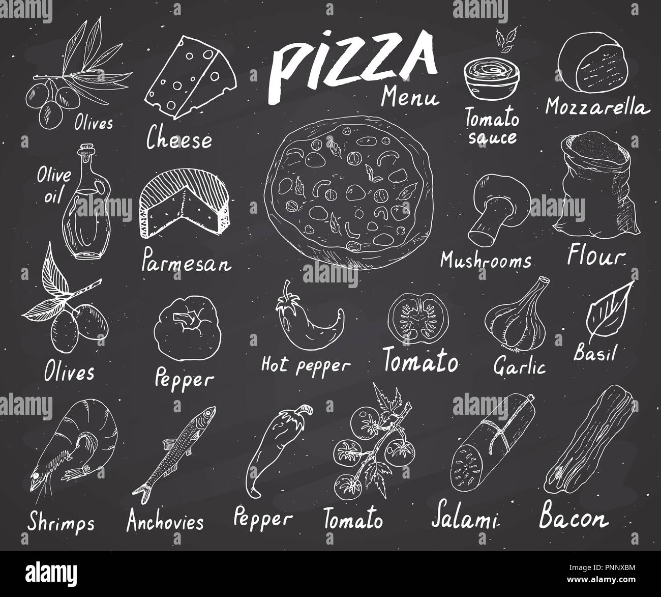 Pizza menu hand drawn sketch set. Pizza preparation design template ...