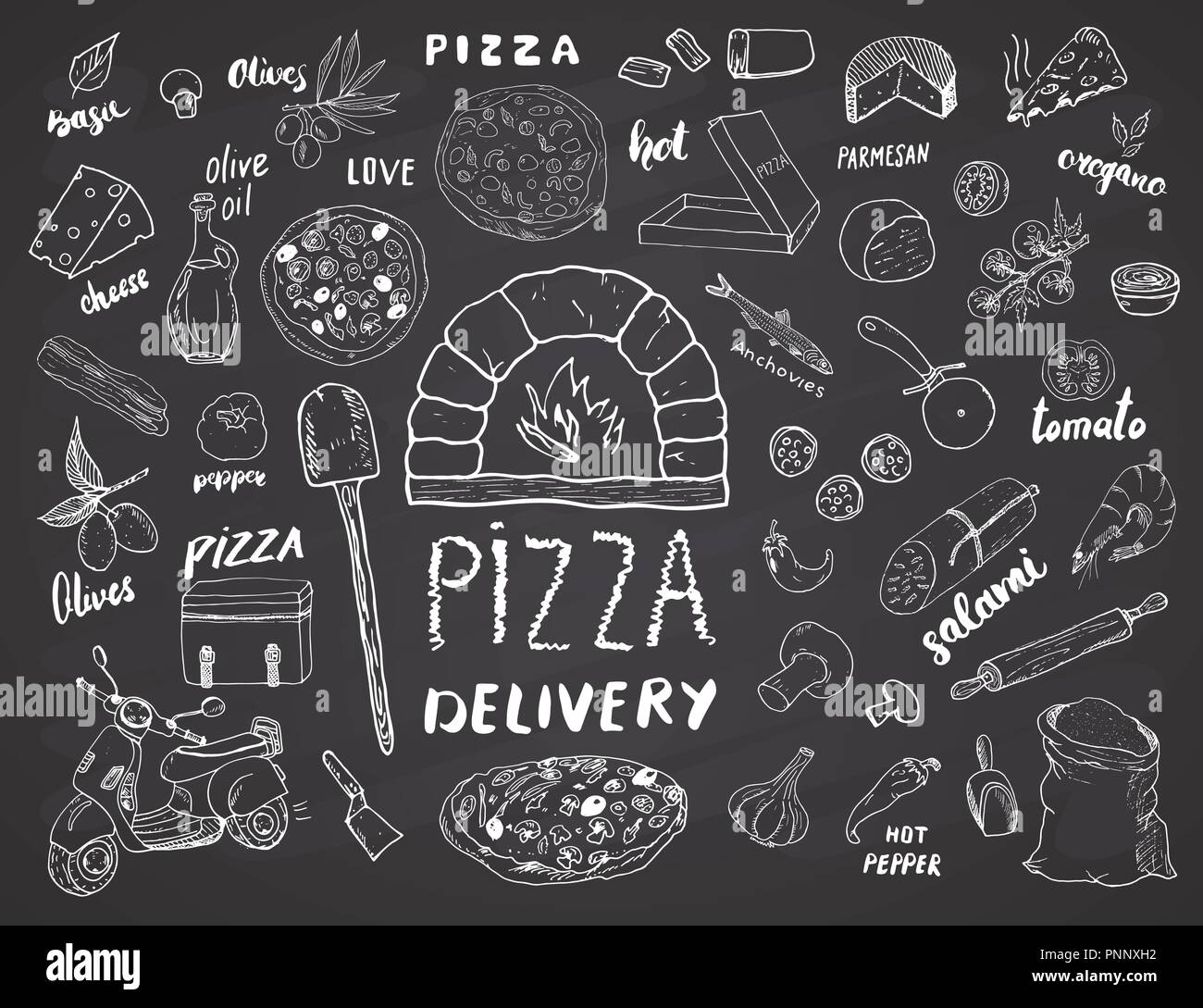 Pizza menu hand drawn sketch set. Pizza preparation and delivery ...