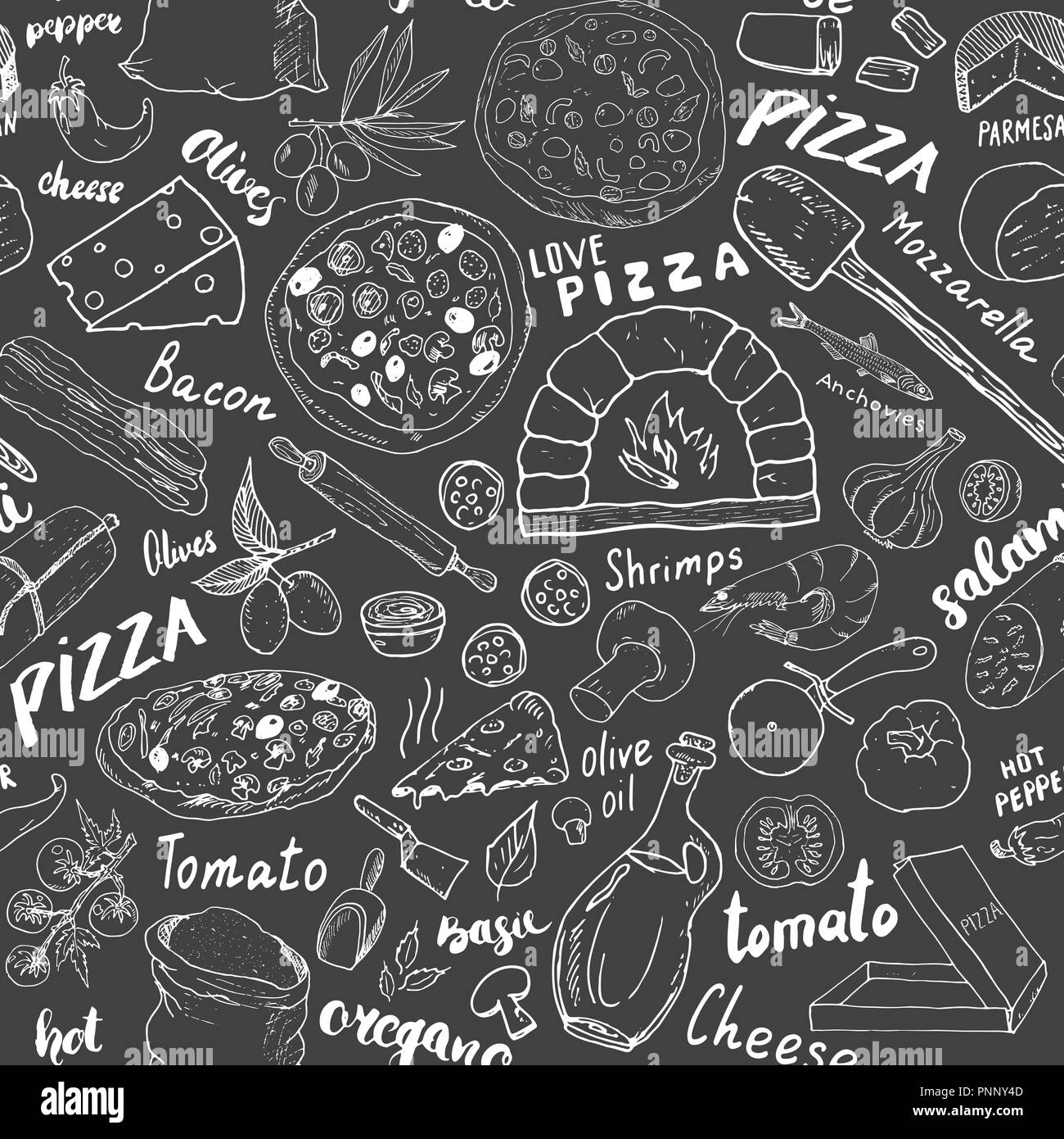 Pizza seamless pattern hand drawn sketch. Pizza Doodles Food background ...