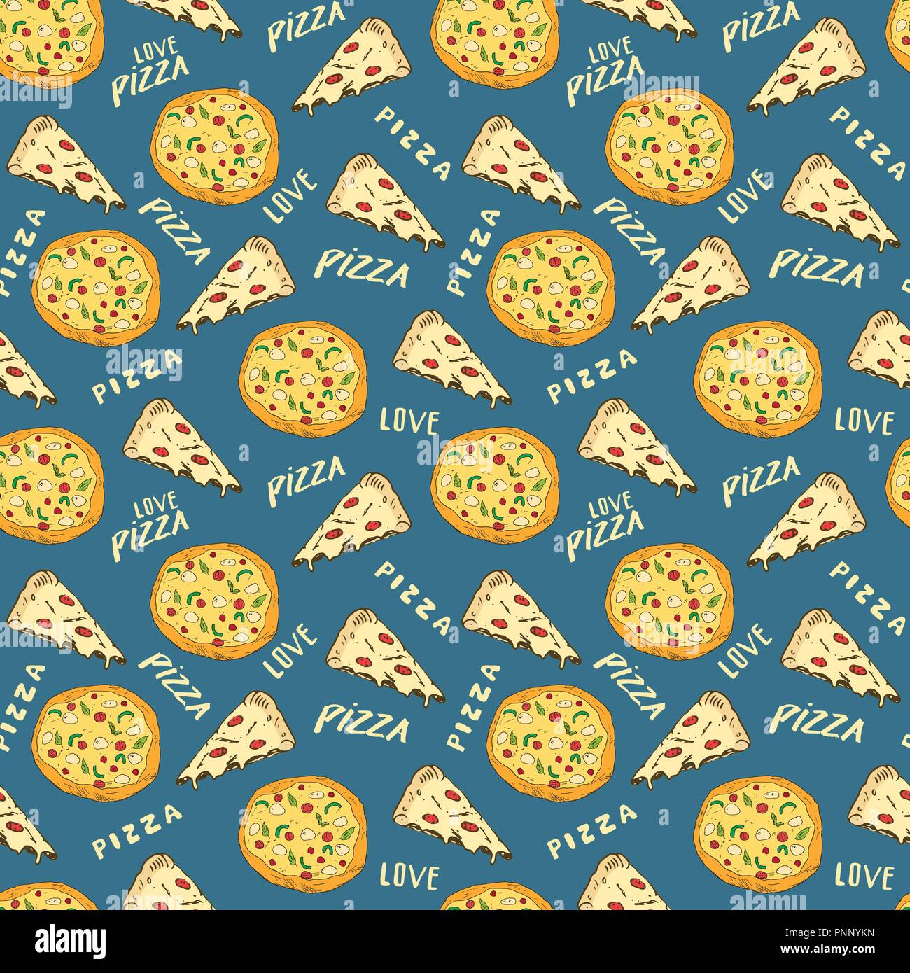 Pizza seamless pattern hand drawn sketch. Pizza slice doodles and words pizza love Food ...