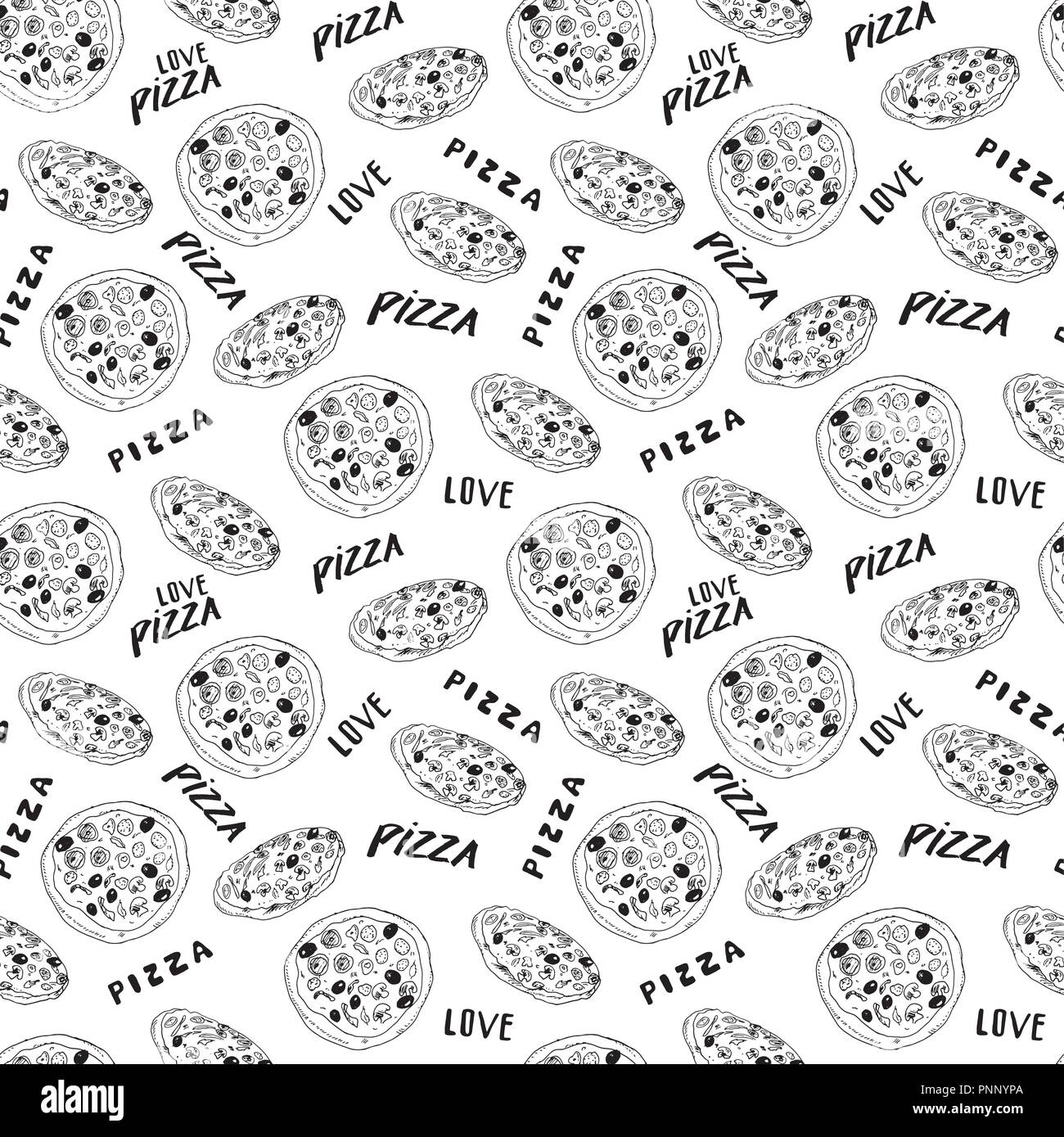 Pizza seamless pattern hand drawn sketch. Pizza slice doodles and words pizza love Food ...