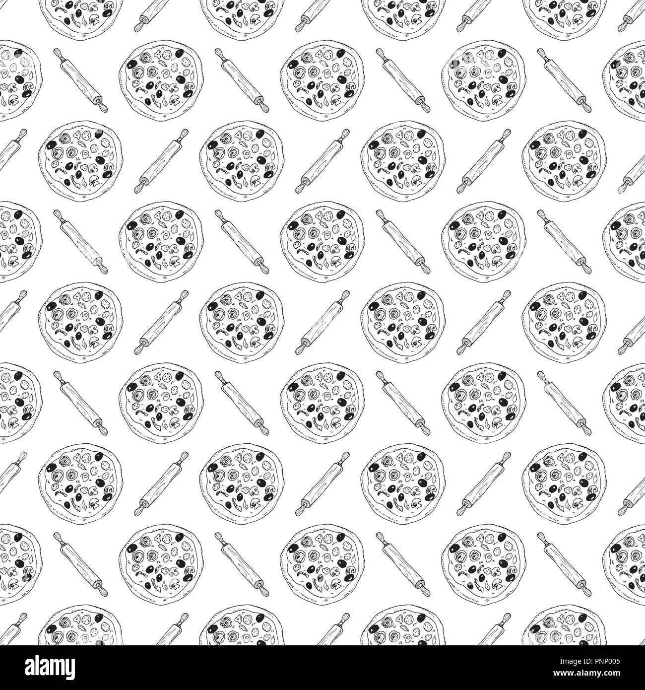 Pizza seamless pattern hand drawn sketch. Pizza doodles and rolling pin ... Pizza seamless pattern hand drawn sketch. Pizza doodles and rolling pin ...