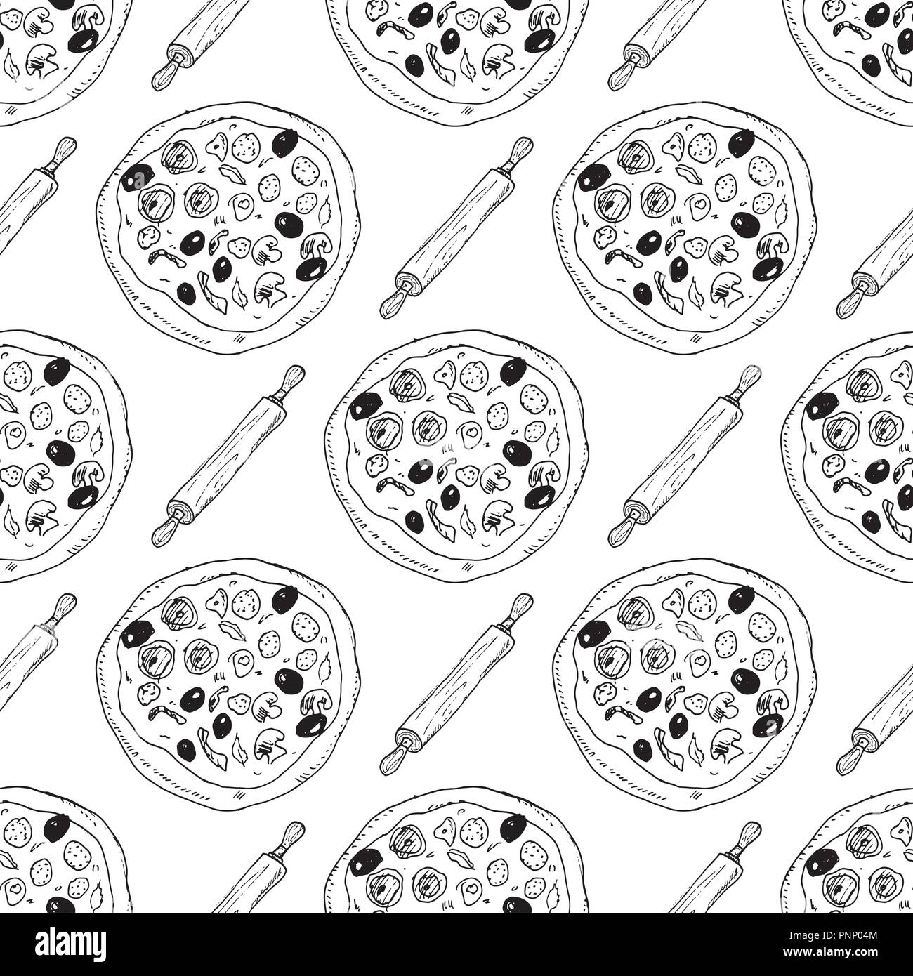 Pizza seamless pattern hand drawn sketch. Pizza doodles and rolling pin, Food background. Vector ...