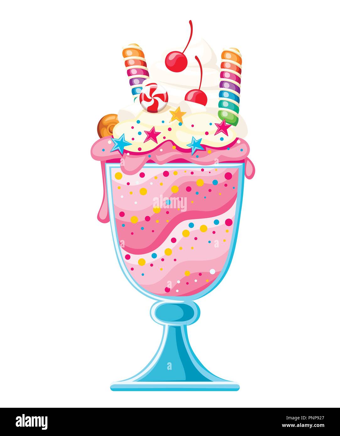 Ice cream dessert in a glass cup. Fruit sweet dessert with wafer straws ...
