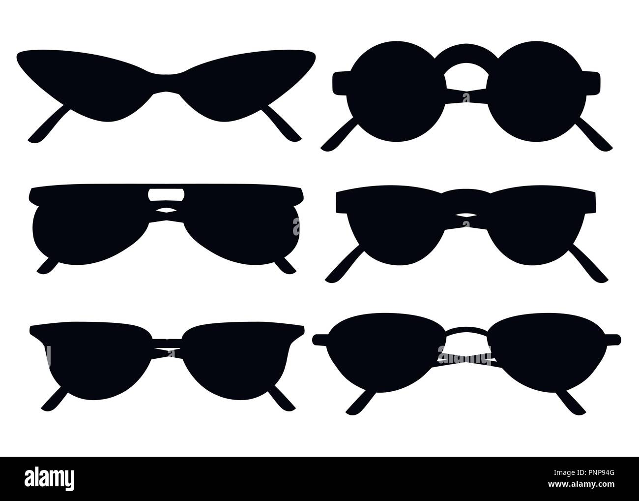 Black silhouette. Set of glasses. Collection of six cartoon glasses ...