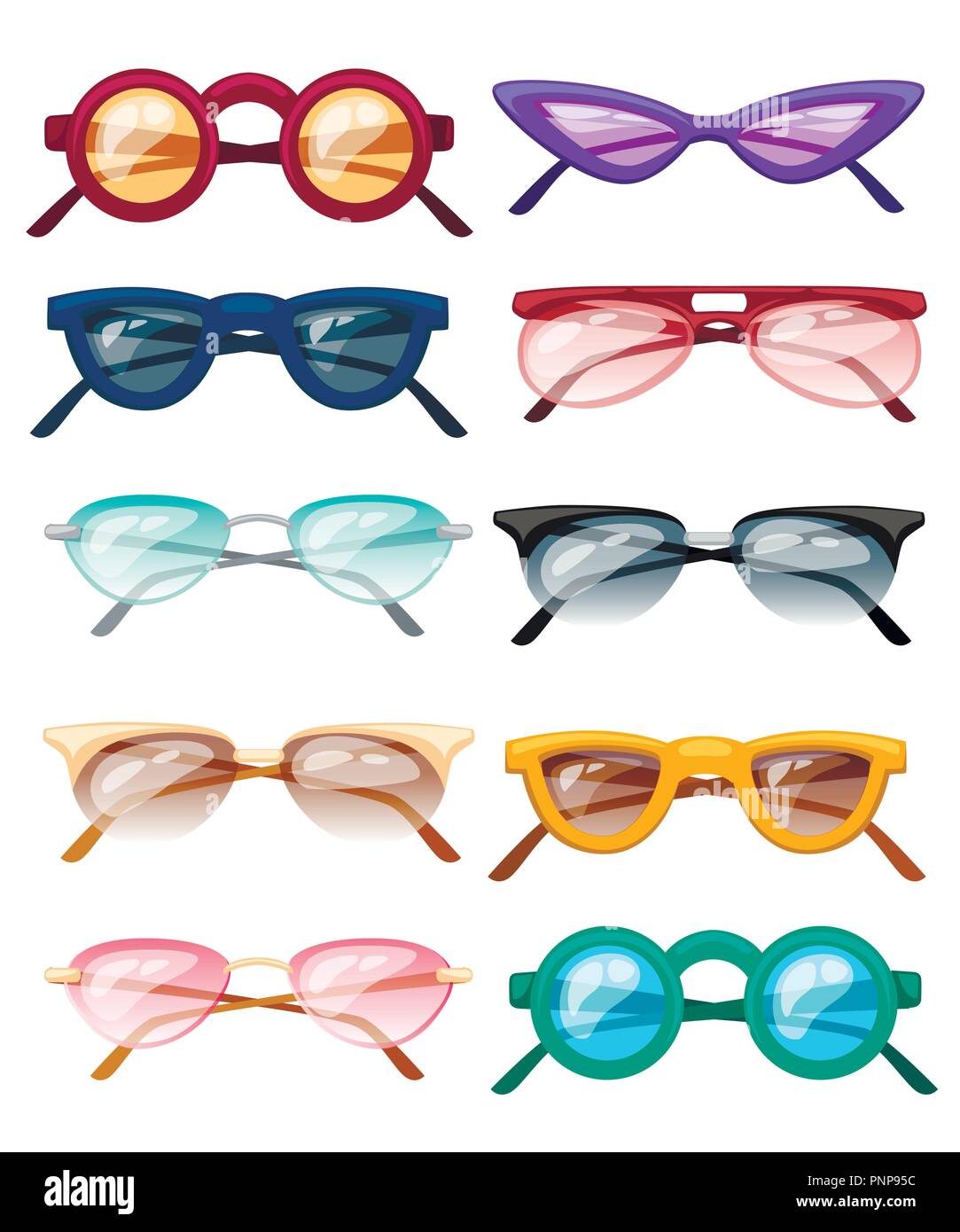 Set of colorful glasses. Collection of ten cartoon glasses with ...