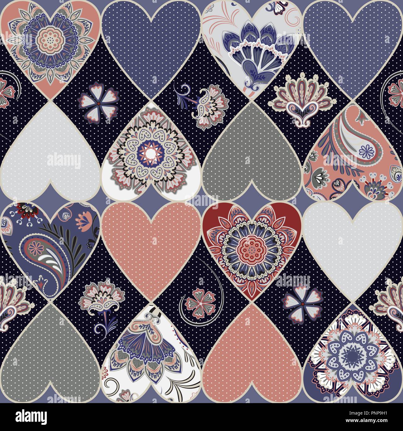 Seamless floral patchwork pattern with hearts and mandalas background. Vector Stock Vector Image ...