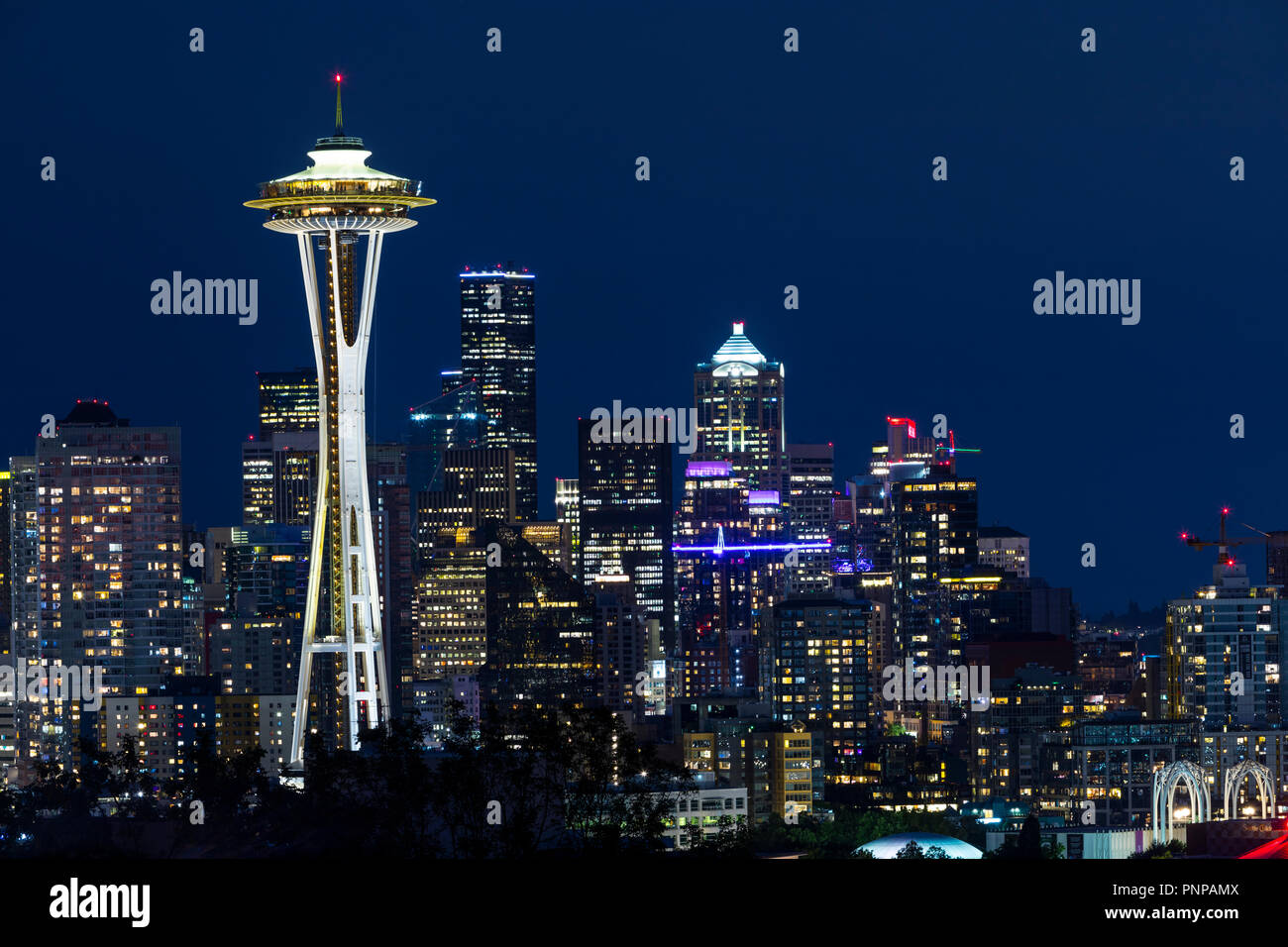 Seattle skyline at night with city lights Stock Photo - Alamy